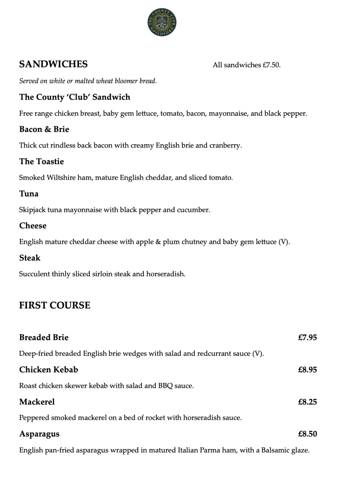 Menus | County Club